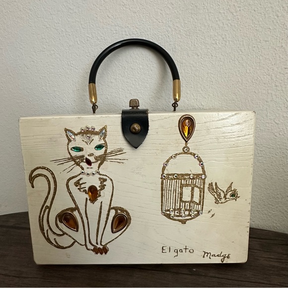 Hand Crafted | Bags | Vintage Wood Box Purse With Rhinestone Kitten ...